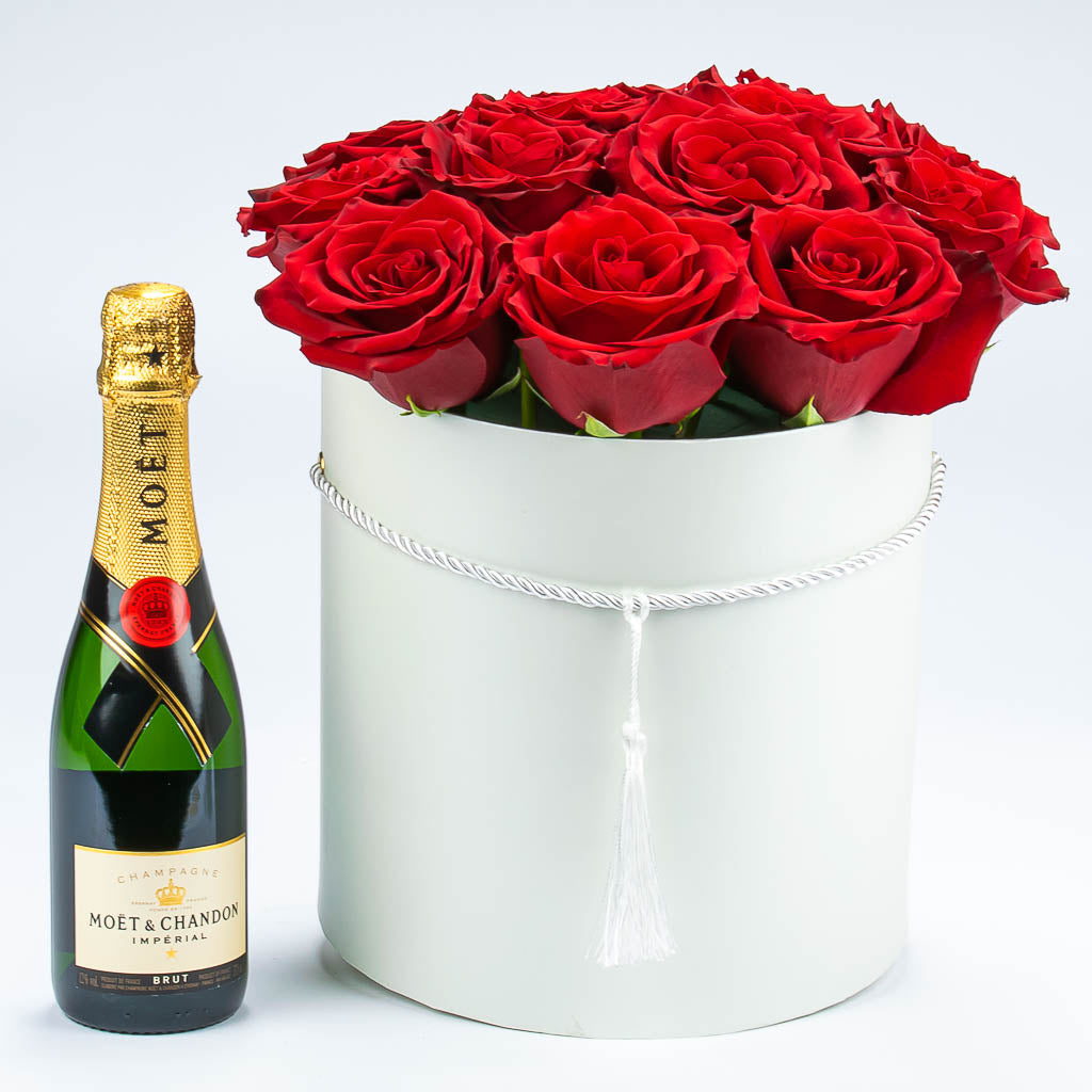Red Rose Centerpiece Moet Champagne, Flower Box Champagne Gift - MY FLOWERS